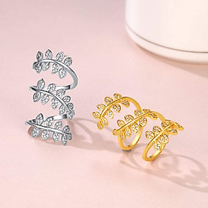 FindChic Platinum Plated Long Leaf Cluster Statement Rings for Women, Oversized Cuff Ring Adjustable Flower Knuckle Ring Party Costume Jewelry