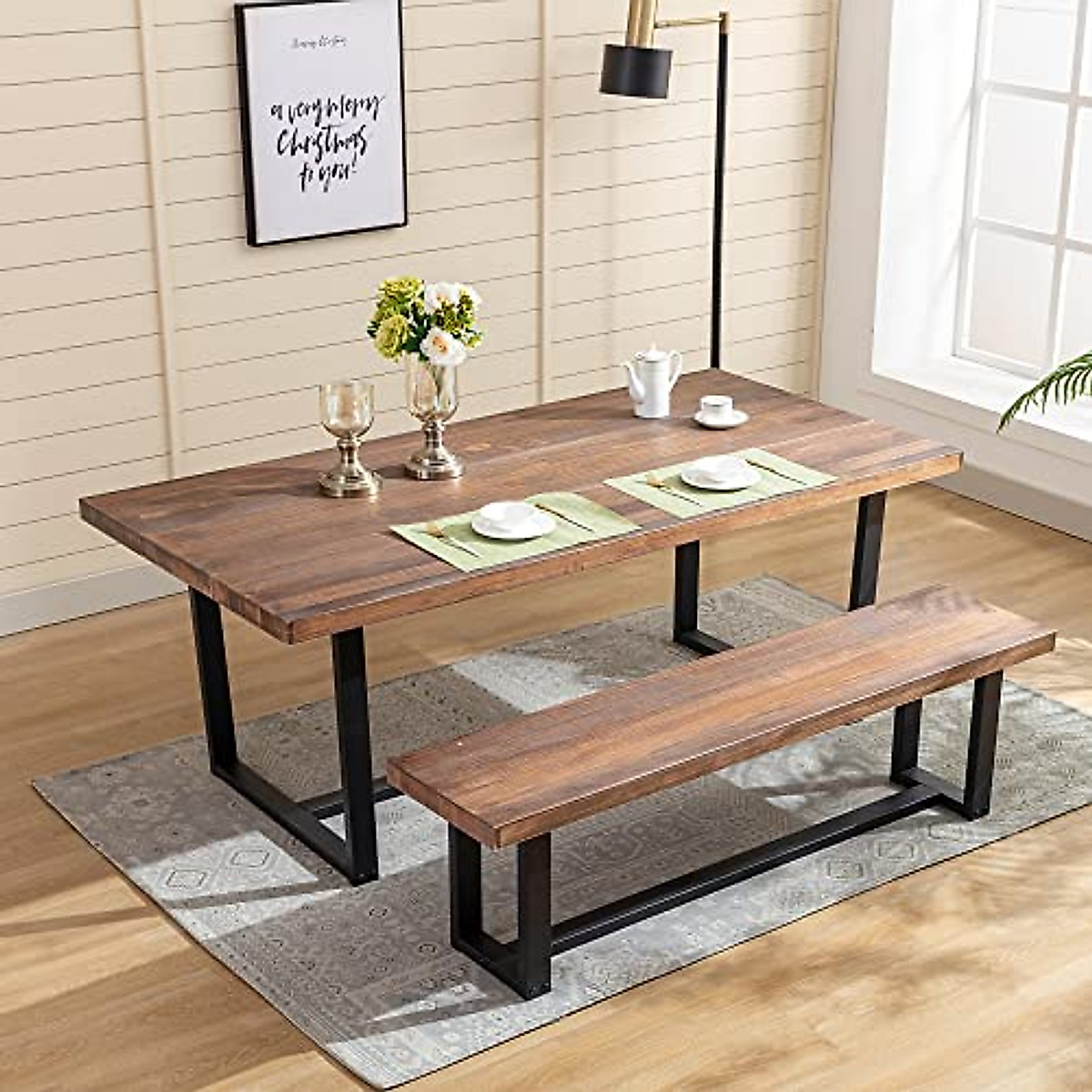 St.Mandyu 72" Solid Wood Dining Table for 8-10 Person, Modern Farmhouse Kitchen Table with Metal Frame, Sturdy Breakfast Table for Living/Dining Room,Office Desk, Brown