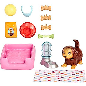 Barbie Pets and Accessories, Interactive Wagging & Nodding Puppy Playset with Pet Bed, 11 Total Animal-Themed Pieces