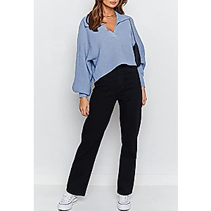 Meenew Women Loose Pullover Sweater Collared V Neck Long Sleeve Knit Crop Tops M Light Blue