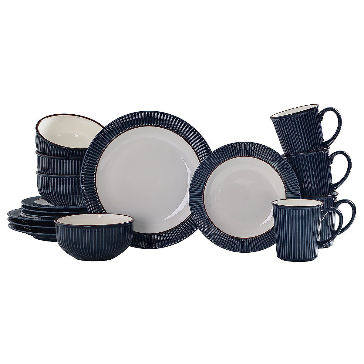 Bico Helios Blue Stoneware 16 pieces Dinnerware Set, Inclusive of Dinner Plates, Salad Plates, Cereal Bowls and Mugs, Microwave and Dishwasher Safe