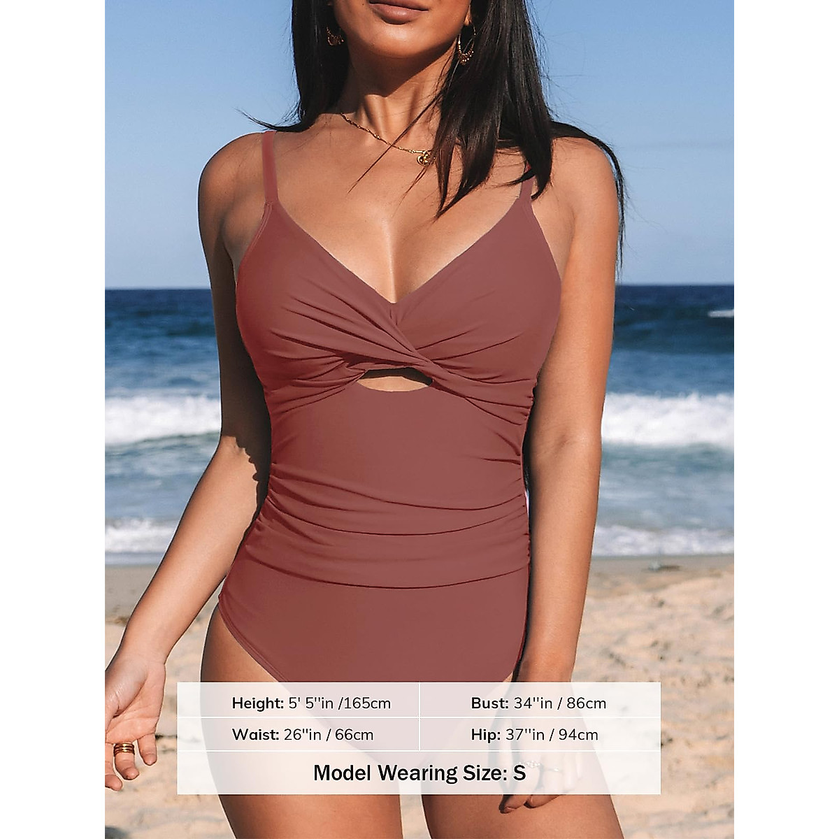 CUPSHE Women's One Piece Swimsuit Bathing Suits Twist Front Cutout Ruched Swimwear M Brick Red