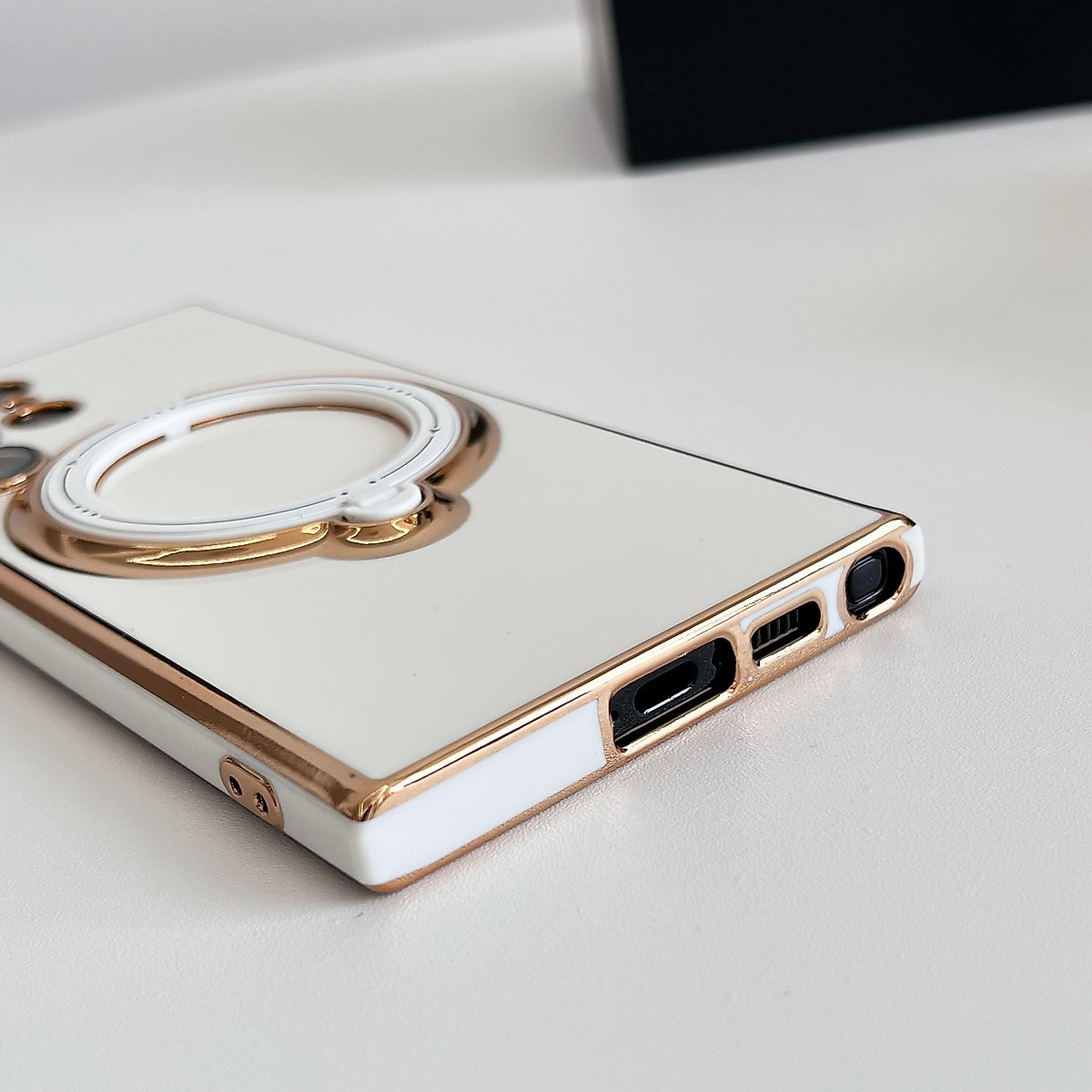 Dinick for Samsung Galaxy S22 Ultra Case with Magnetic Ring Holder [Compatible with Magsafe] [Built-in Camera Lens Protector] Glitter Electroplated Gold Sides Case for Galaxy S22 Ultra White