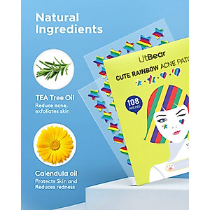 LitBear Acne Patch Pimple Patch, Rainbow Star & Heart Shaped Acne Absorbing Cover Patch, Hydrocolloid Acne Patches For Face Zit Patch Acne Dots, Tea Tree Oil + Centella, 108 Patches, 14mm & 10mm