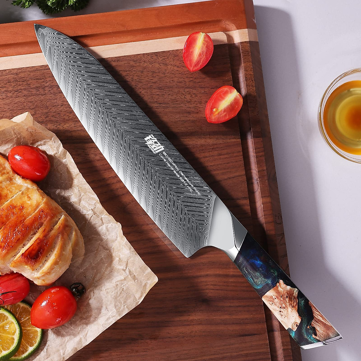 FINDKING Nebula Series Chef Knife with ABS Sheath, Multipurpose Japanese Gyuto Knife, 10Cr15CoMov Damascus Steel Blade, Resin and Figured Sycamore wood Handle, Full Tang, 8 Inch, Blue, for Meat