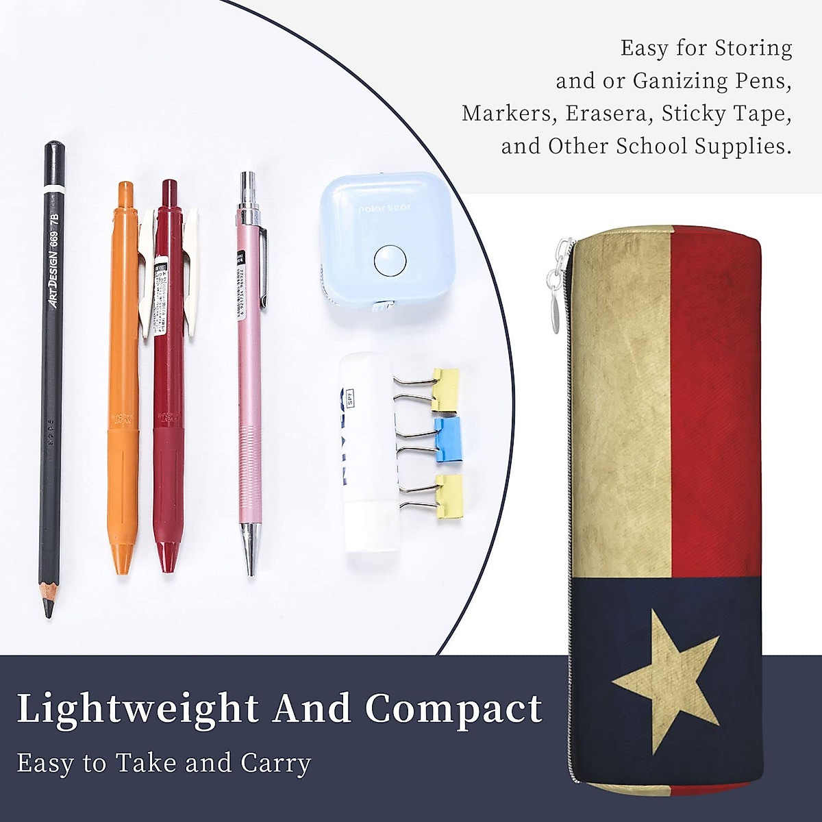 Ykklima Texas Lone Star State Flag Pattern Leather Pencil Case Zipper Pen Makeup Cosmetic Holder Pouch Stationery Bag for School Work Office