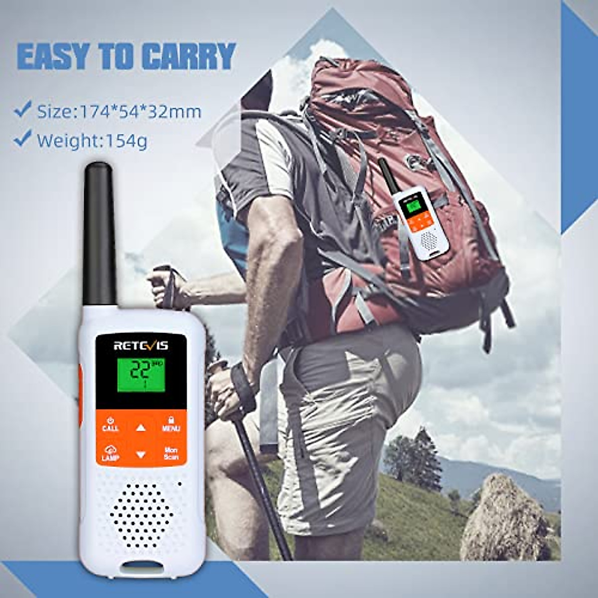 Retevis RT49B Walkie Talkies Rechargeable, Portable FRS Two-Way Radios, Mini Walkie Talkie Long Range, NOAA, Easy to Use Walkie Talkies for Adults, 2 Way Radio White 2 Pack Camping