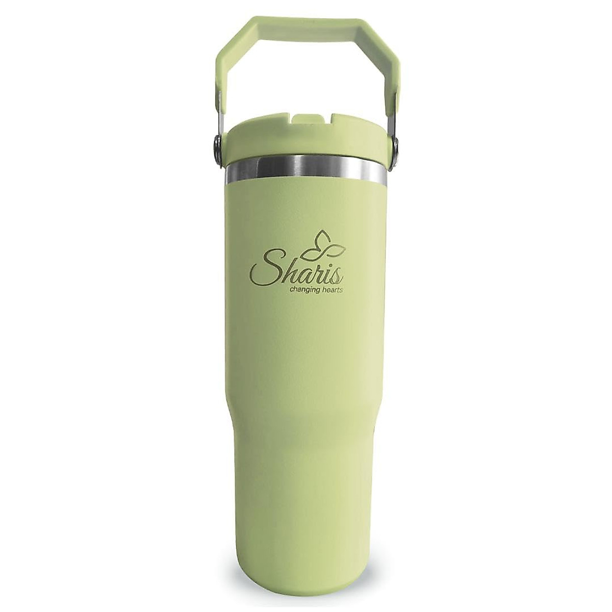 SHARIS - 30 oz Tumbler - Flip Straw - Leak Proof - No Spill - Cup Friendly -Vacuum Insulated - Handle on Top -30 oz Tumbler with Handle - Bonus 1Straws 1 Cleaning Brush (Light Green)
