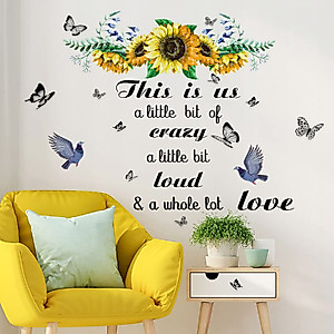 Sunflower Wall Stickers with 3D Butterfly, Family Inspirational Quote Wall Decals, Removable Garden Flowers Plant Wallpaper Decor, DIY Art Murals for Bedroom Nursery Kitchen Home Kids Living Room