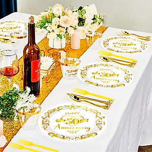 75 Pcs 50th Anniversary Wedding Party Supplies,50th Anniversary Wedding Party Tableware Set 7" 50 Years Golden Paper Plates Fork Fifty Anniversary Party Decorations 50th Brithday Party Decorations