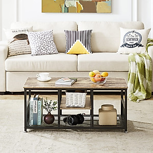 VECELO Coffee Center Table with Storage for Living Room Office Reception, Industrial Mesh Shelf, 39.4 Inch, Grey