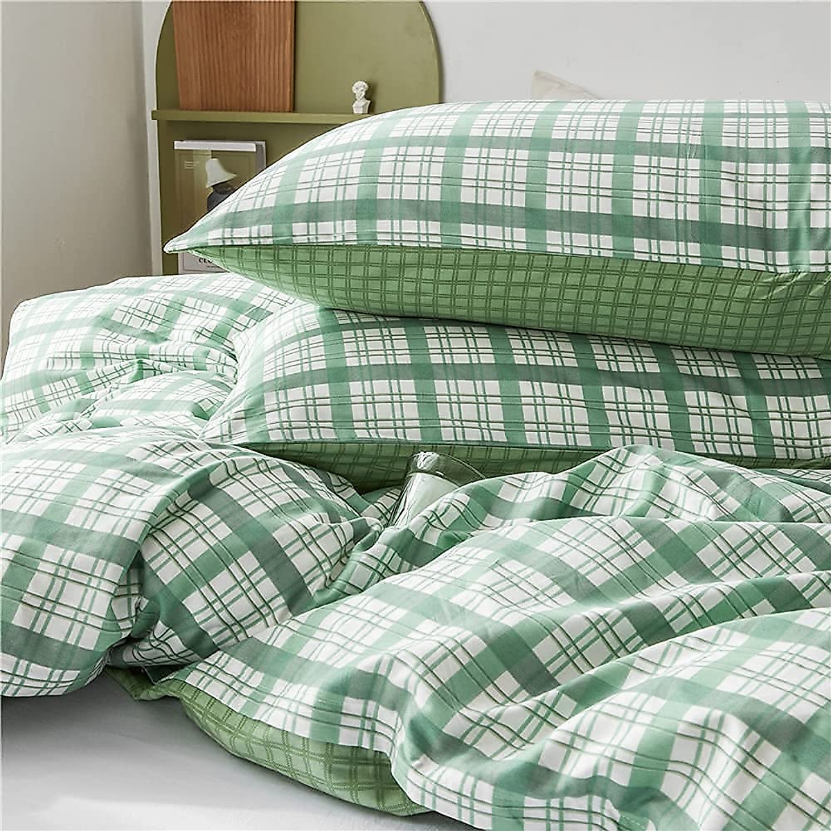 Lurson 100% Cotton Checker Geometric Duvet Cover Set Twin Size Aqua Light Green Reversible Plaid Bedding Comforter Cover Ultra Soft Grid Simple Quilt Cover with Zipper Closure Corner Ties
