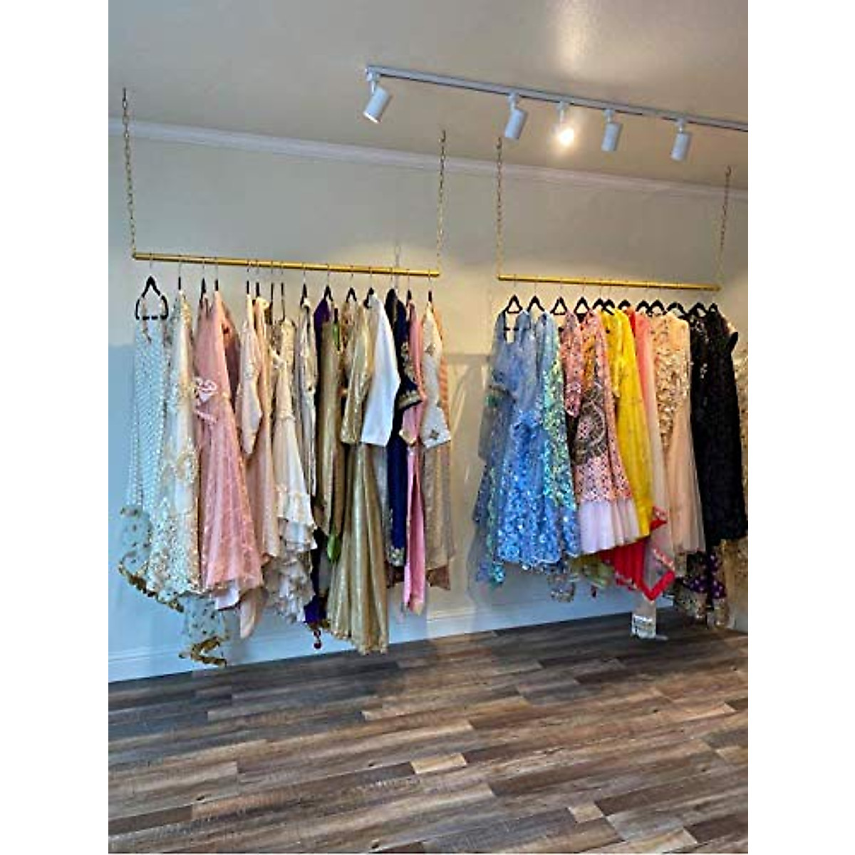 FURVOKIA 2 Pcs Adjustable Height Creative Chain Clothing Hanging Racks,Clothes Storage Shelves, Heavy Duty Metal Garment Rack,Retail Display Ceiling Hanger (Gold, 47.2 L)