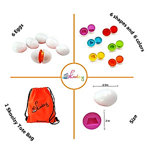 Skoolzy Shapes Matching Egg Toy 6 pc Set, Easter Egg Basket Toys for Toddlers, Montessori Sensory Bin Toy for Preschool Kids & Blind Children Learning Shape Sorting, with Bag & eBook