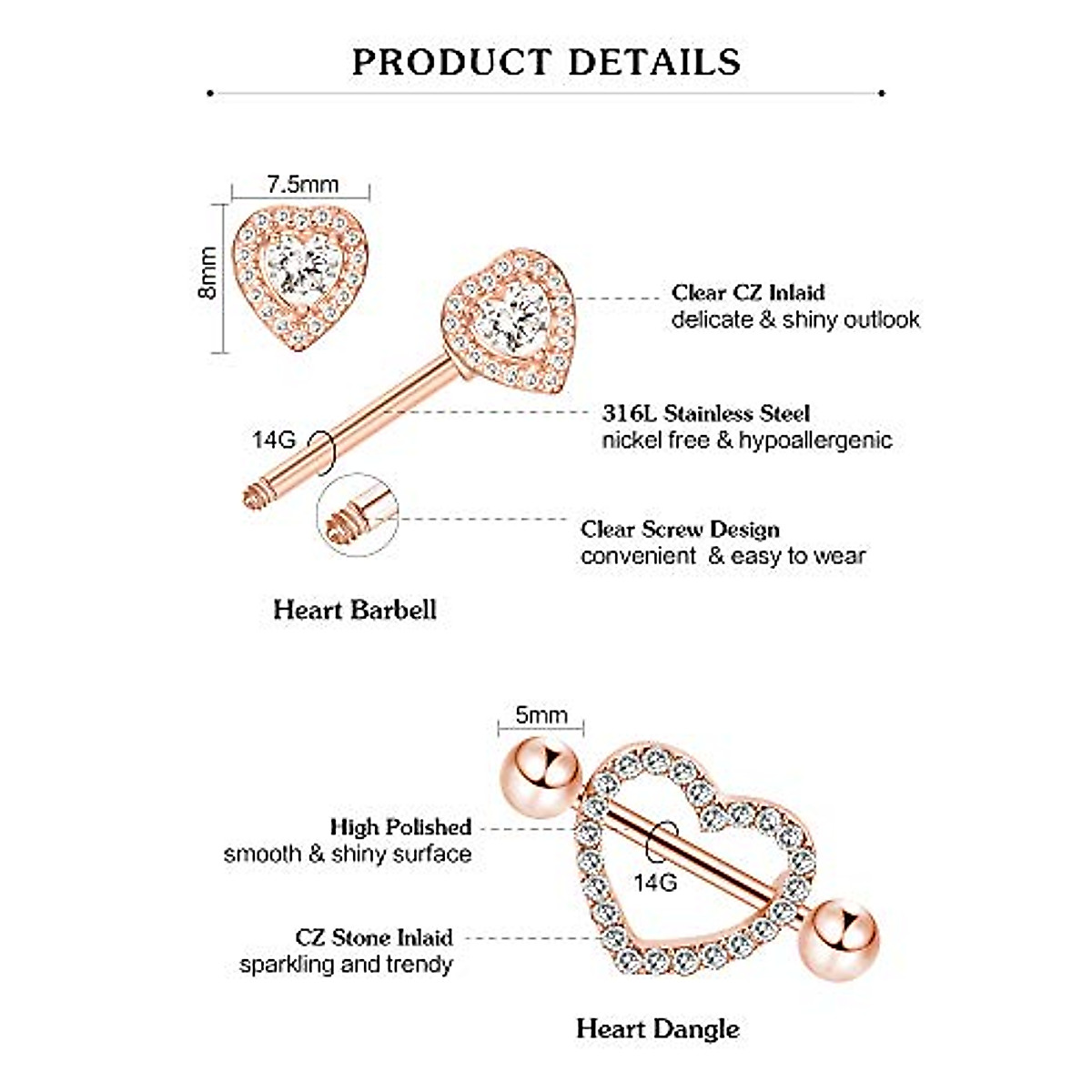 4 Pairs Stainless Steel Nipple Rings Tongue Ring Piercing Body Jewelry Barbell CZ Heart Shape Rings for Women (Rose Gold Bar and White Zirconia)