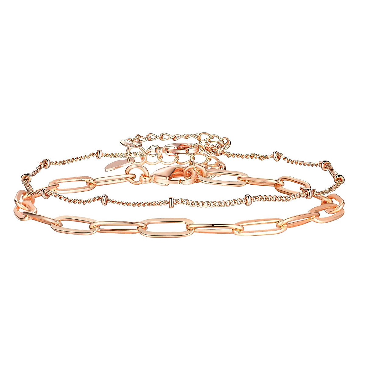 14K Rose Gold Plated Dainty Bracelet Layered Fashion Paperclip Link Bracelets for Women Girls Men(Rose Gold)