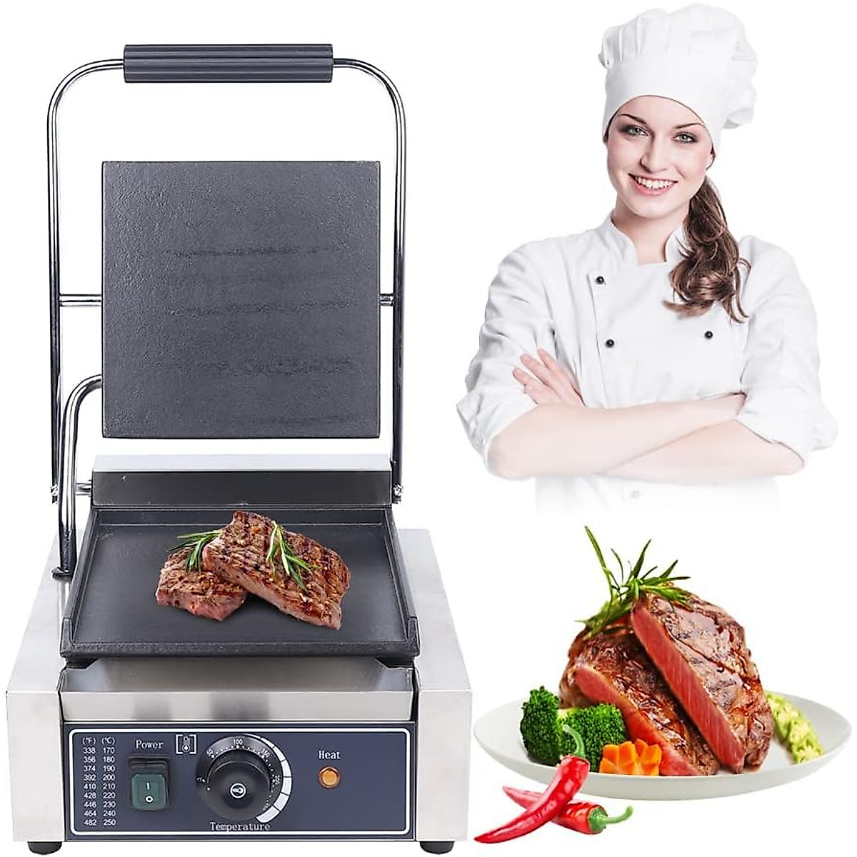 Commercial Electric Griddle 110V Sandwich Single Panini Press Grill Maker Toaster, Smooth Flat Surface Sandwich Maker with Cleaning Sponges,Portable Hamburg Maker for Restaurant Cafe,1800W