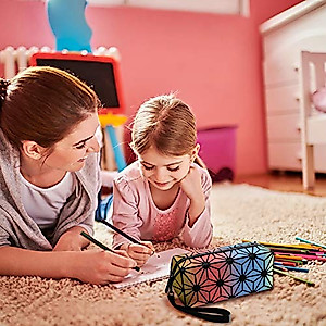 Luminous Pencil Bag Large Capacity Portable Pencil Pouch Geometric Pen Bag Pencil Case Zipper Stationery Bag with Wrist Strap