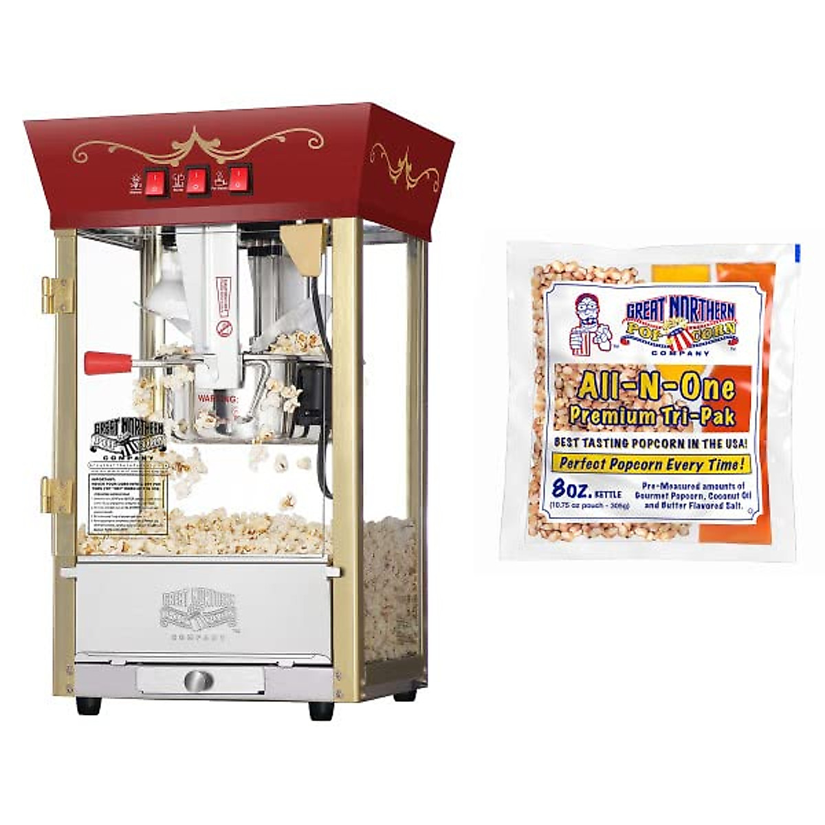 Matinee Countertop Popcorn Machine – 3 Gallon Popcorn Popper, 8oz Kettle, Warmer, and 24 All-In-One Popcorn Packs by Great Northern Popcorn (Red)