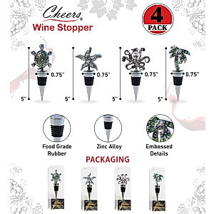 Cheers Sea Turtle, Starfish, Palm Tree, Octopus Metal Wine Stopper Set of 4 – Fun Vacuum Seal Reusable Wine Bottle Stoppers – Airtight Leak Proof Bottle Topper Cork Plug – Home Bar Accessory