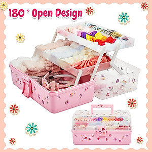 Rtteri Hair Accessories Organizer 13 Inch Hair Accessories Storage Box with Fold Tray and Handle 3 Layers Plastic Tool Box Hair Accessories Organizer Box for Art Sewing Nail with Stickers (Pink)