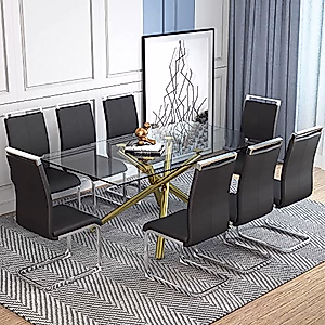 71 inch Glass Dining Table with Clear Rectangular Glass Top, 4 Chrome Golden Legs Modern Rectangular Glass Kitchen Table Furniture for Home Office Kitchen Dining Room, 6-8 People