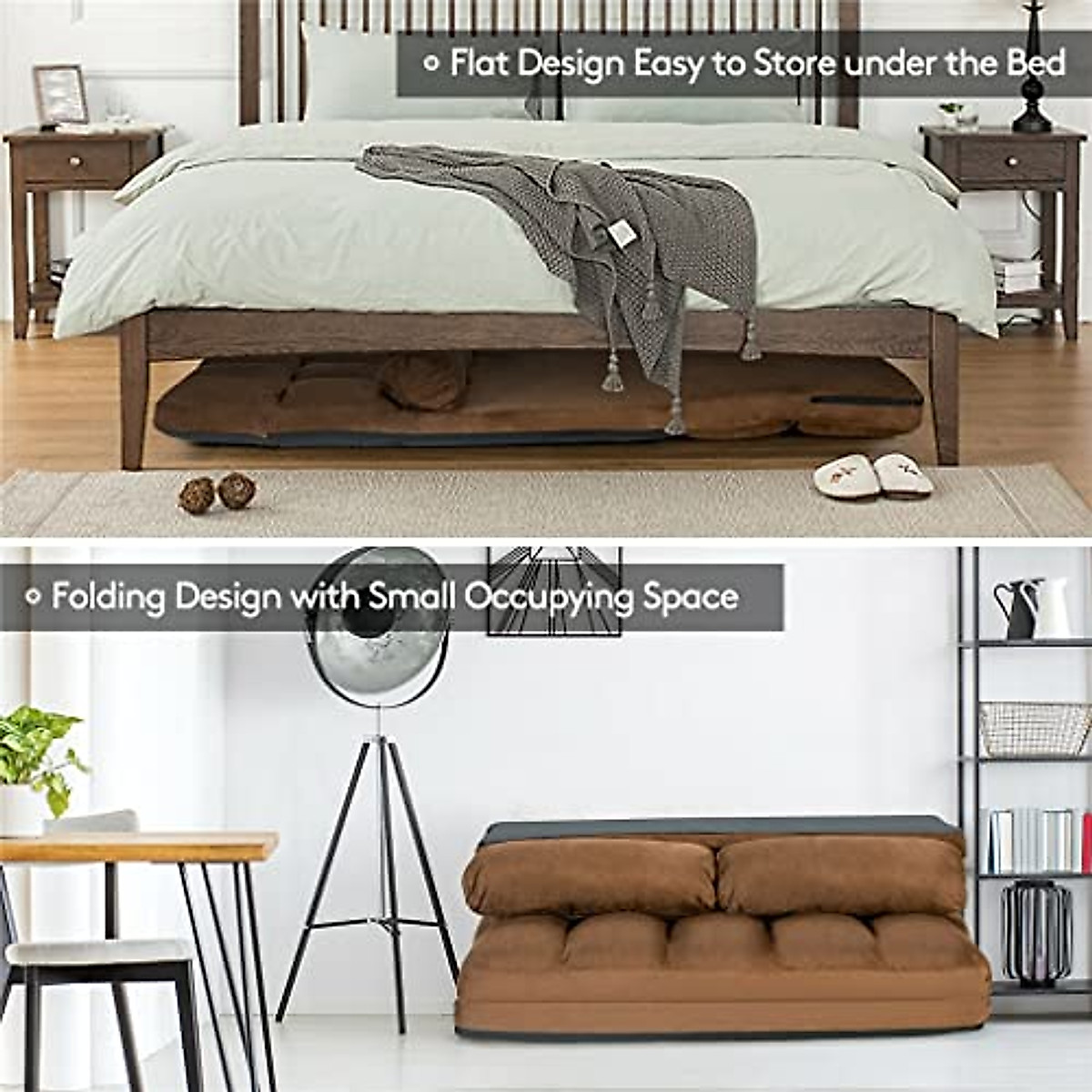 Walnut Foldable Floor Sofa Bed 6-Position Adjustable Couch with/ 2 Pillows Brown Adjustable Floor Sofa