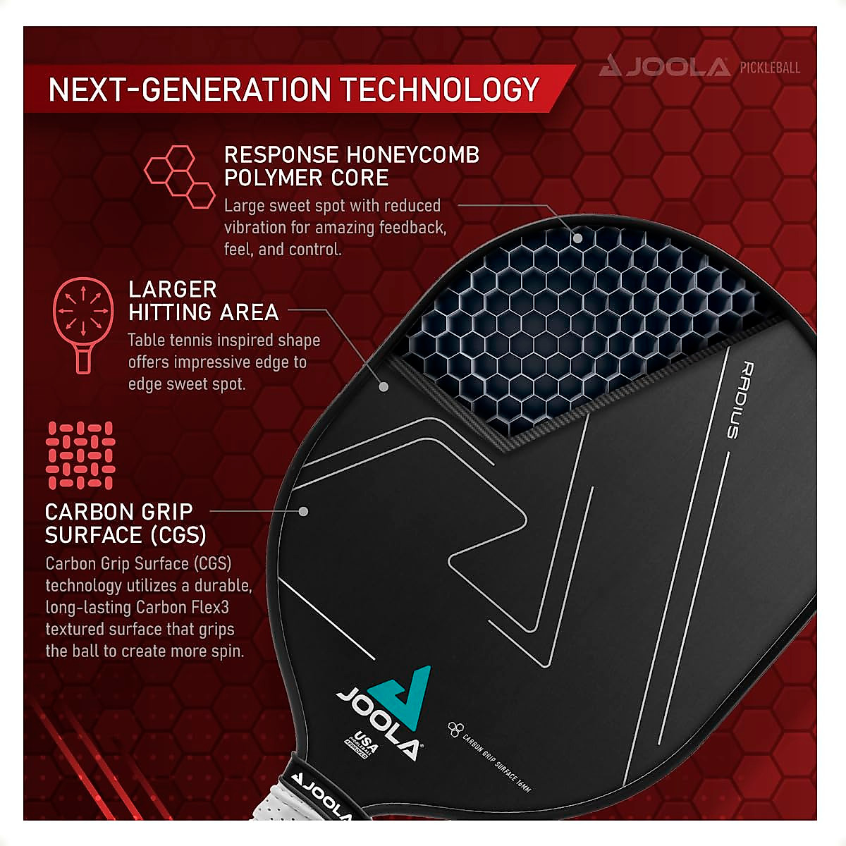 JOOLA Radius Pro Pickleball Paddle with Textured Carbon Grip Surface - Creates More Spin and Maximum Control - Largest Sweetspot - 16mm Pickleball Racket with Response Polypropylene Honeycomb Core