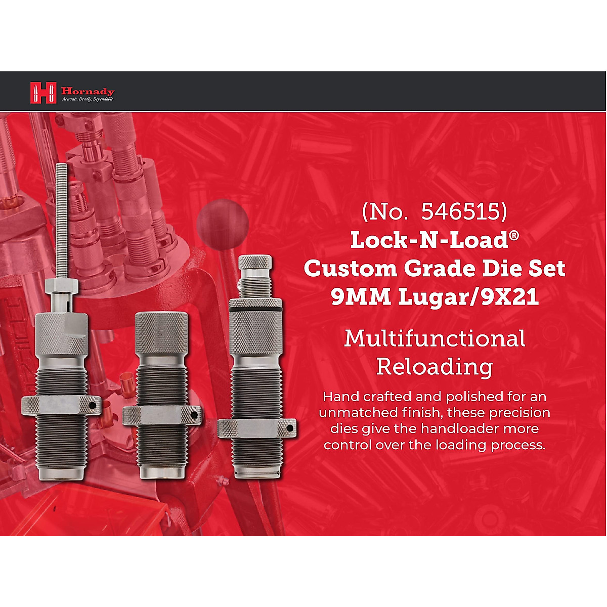Hornady Custom Grade New Dimension 3-Die Set, 9mm Luger 9x21(.355) (546515) -Caliber Specific Reloading Equipment for Handloaders with Full Length Sizer Die, Seating Die, Sure-Loc Rings, & Storage Box