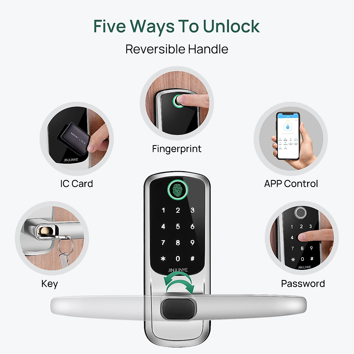 Door Locks with Keypads, JINJUNYE Digital Door Lock, keypad Door Knob 5-in-1 Keyless Entry Door Lock, Fingerprint, Smart Lock Handle for Home Office Apartment, Silver