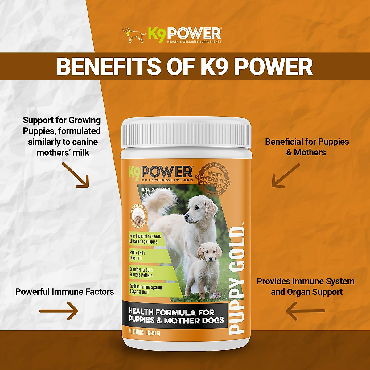 K9 Power Puppy Gold 1 lb - Supplement for Growing Puppies & Nursing Mothers - Essential Nutrients for Healthy Growth & Development - 45 Scoops