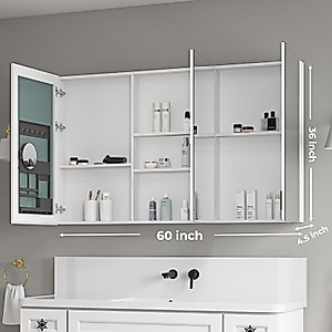 THNIKRE 60"x36" Bathroom Medicine Cabinet with Mirror, Wall Cabinet with 3X Adjustable Height & Angle Magnifier, Behind Door Storage, Wooden Storage Shelves, HD Shatter-Proof Mirror