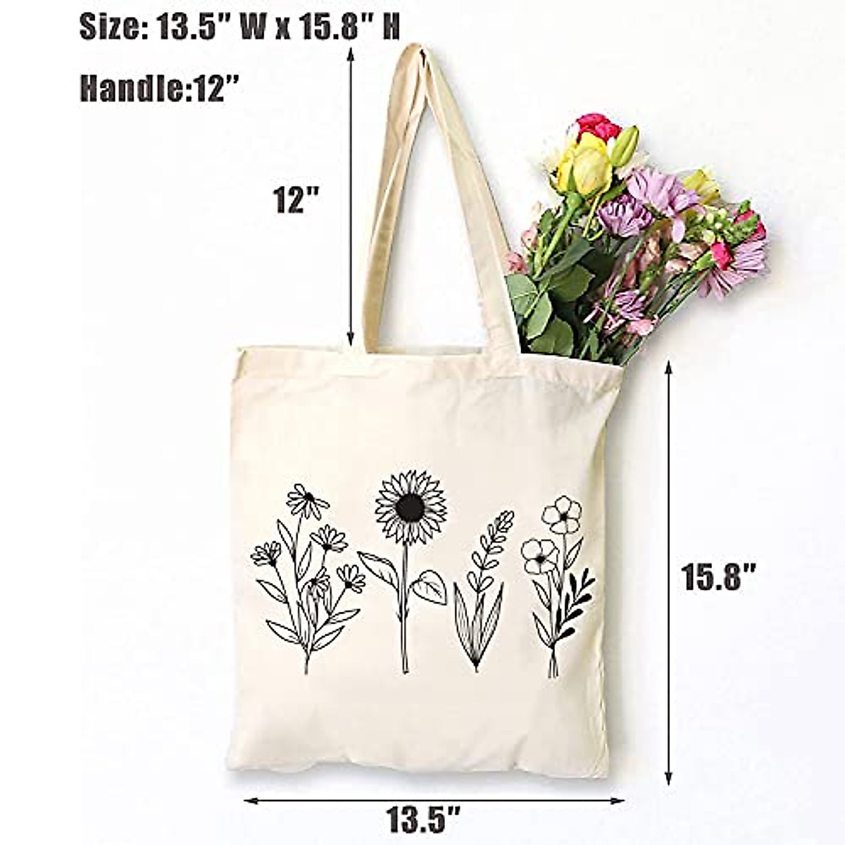 Wildflower Canvas Tote Bag Flower Lover Funny Reusable Shopping Bag with Handles For Student Work 15.8 x 13.5 inches