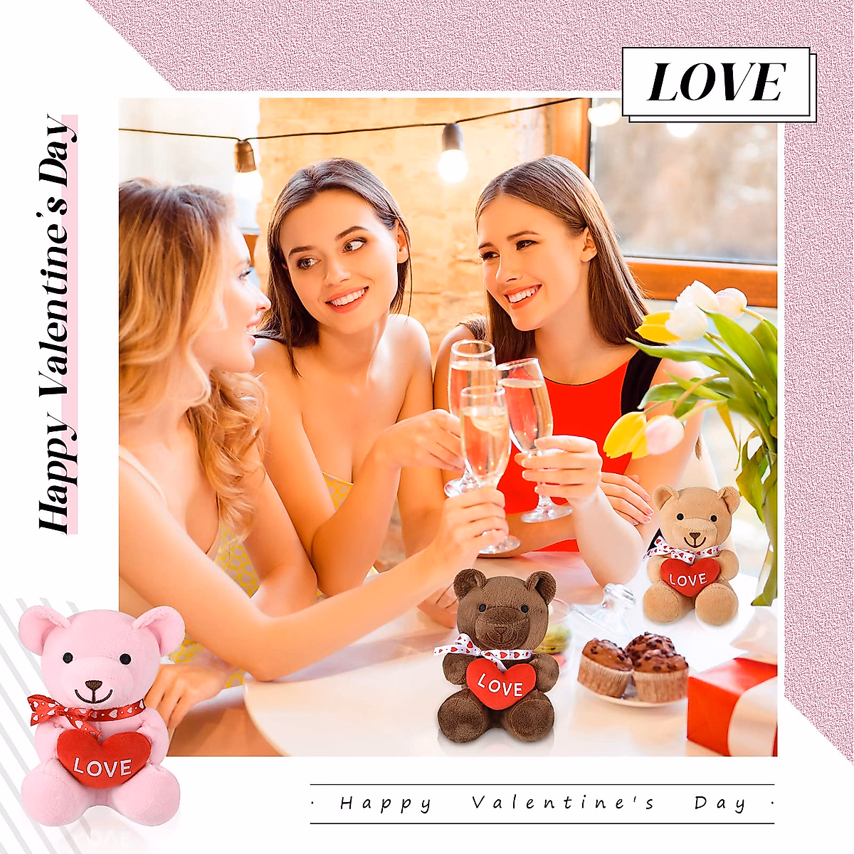 HyDren 4 Pcs Valentine's Day Stuffed Bear 6'' Cute Stuffed Animals Soft Bear with Red Heart Small Sweet Cuddly Plush Toys Gift for Classroom Exchange Prizes Party (Pink, White, Brown, Khaki)