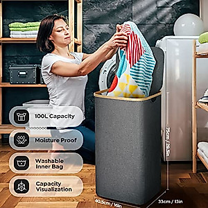 CestMall 100L Laundry Basket with Lid and 2 Removable Liners, Collapsible Large Laundry Hamper Clothes Hamper for Laundry with 2 Handles for Bathroom, Bedroom, College Dorm, Grey