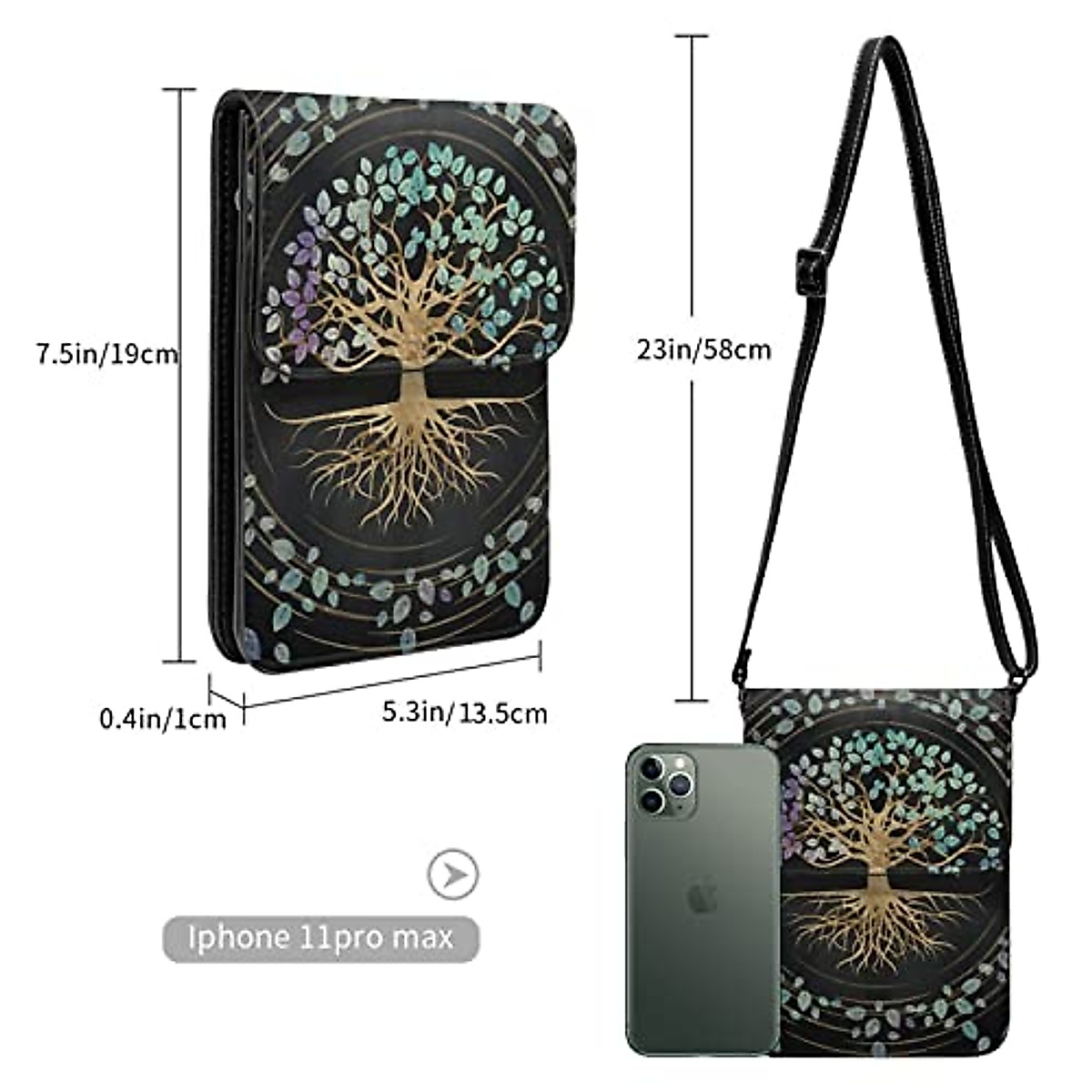 SKETVNHR Life Tree Yggdrasil Small Crossbody Cell Phone Purse for Women Soft Leather Fashion Travel Wallet with Adjustable Strap, Black