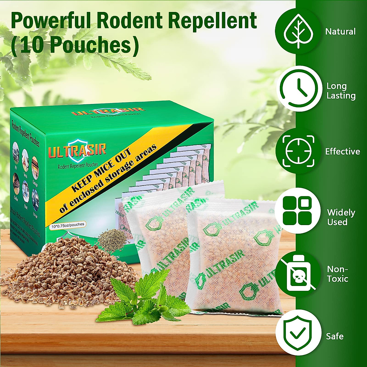 Ultrasir Rodent Repellent, Mouse Repellent 10 Pouches, Peppermint Oil Pest Repellent Granules for Mice Rats Squirrels Ants Spiders, Natural Repel Mouse Deterrent for House,Car,RV,Garage,Cabin,Basement