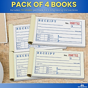1InTheOffice Money Rent Receipt Book, 2 Part Carbonless, 2.75" x 4.78", 250 Sheets/Book, 4 Pack