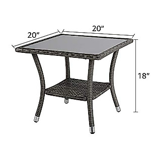 Verano Garden Outdoor Side Table, 20" Square Wicker End Table, Tempered Glass Top Coffee Table with Storage, Aluminum Frame-Gray