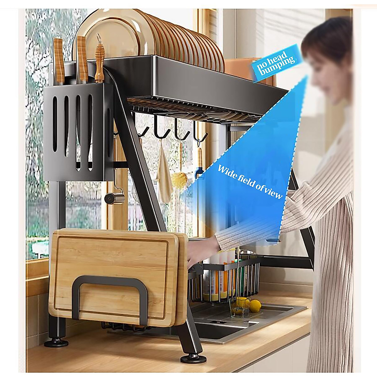 LONONE Black Stainless Steel Dish Drying Rack Over Sink Dish Drainer Drying Rack Kitchen Aid Dish Drying Rack with Drainboard,65cm/25.59in