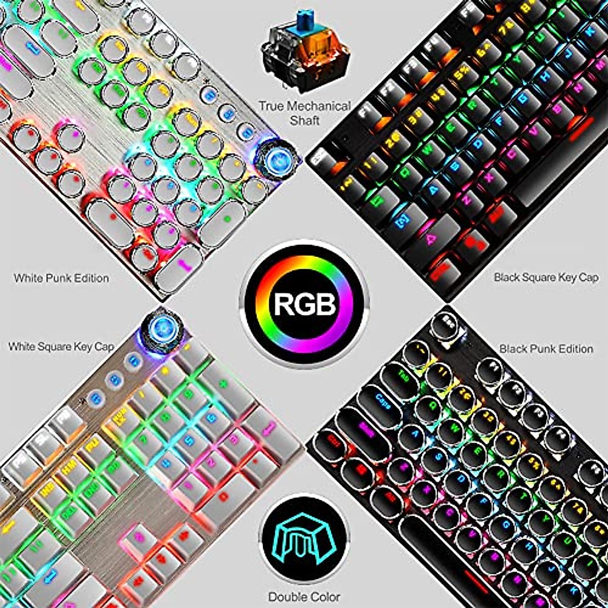 Jamerxie Typewriter Keyboard, RGB Mix Colour Punk Mechanical Keyboard, 104-key Light up Gaming Retro Keyboard with Wired USB for Computers, White/Black (Black Punk)
