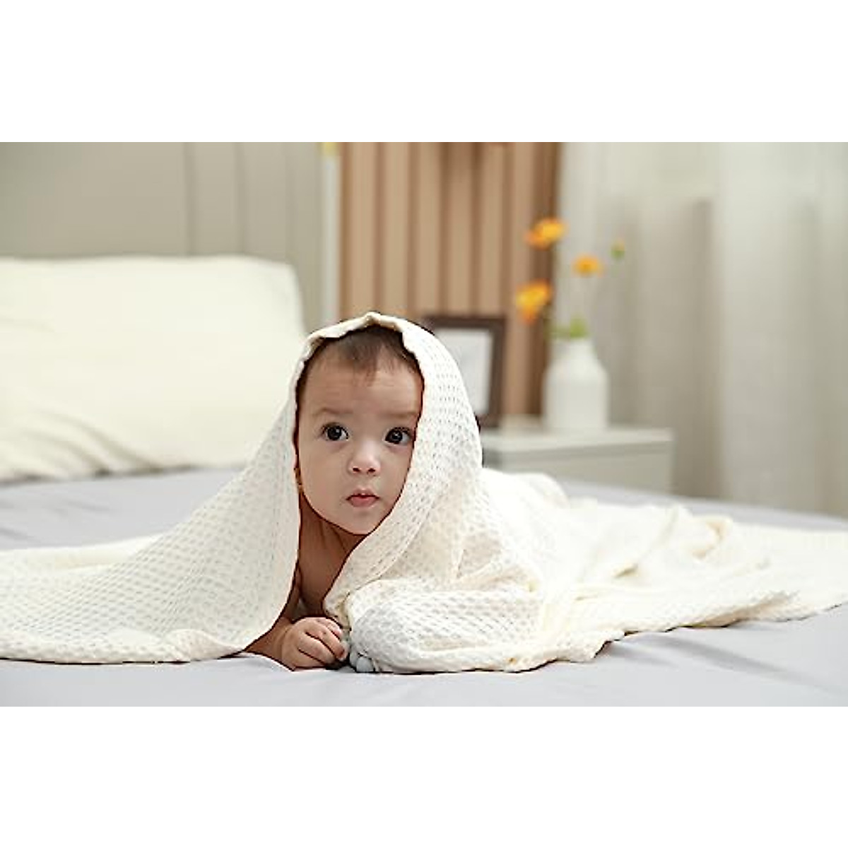 Kloovete 100% Bamboo 36” X 40” Inches Cooling Baby Waffle Weave Blanket, Ultra-Soft Lightweight Receiving Blanket for Newborn, Breathable Comfortable Baby Swaddle Blanket for Boys and Girls (Natural)