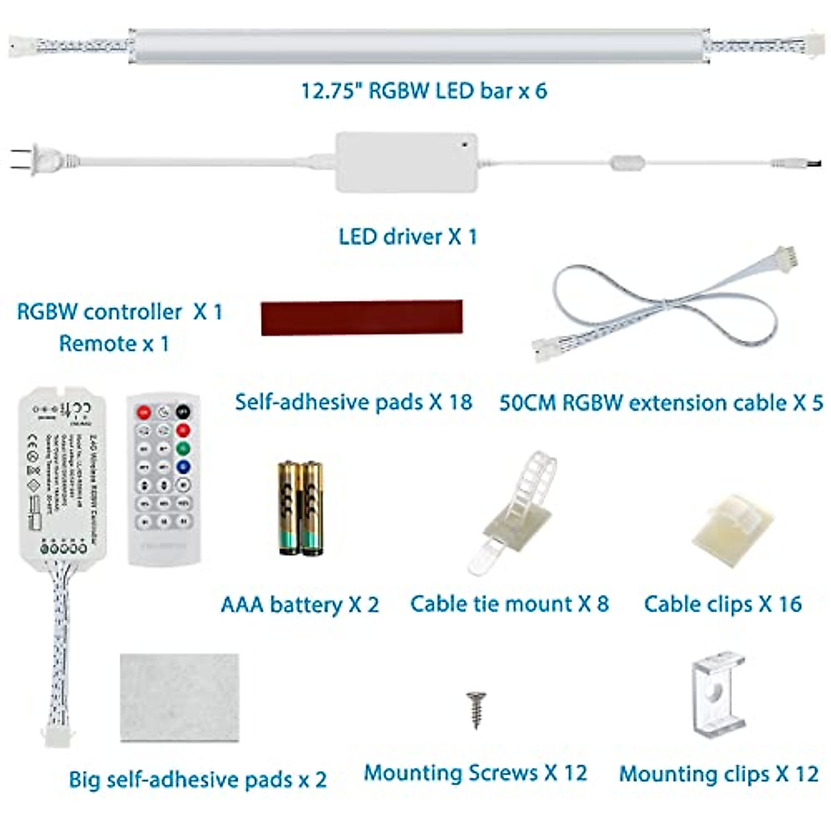 Kitchen Under Cabinet LED Light. RGBW. Color Change & Super Bright Cool White Light. Remote with Dimming. 6 LED Light Bars with Power Adapter, Extension Cable. Plug in. Easy to Install. RGB + 4000K.