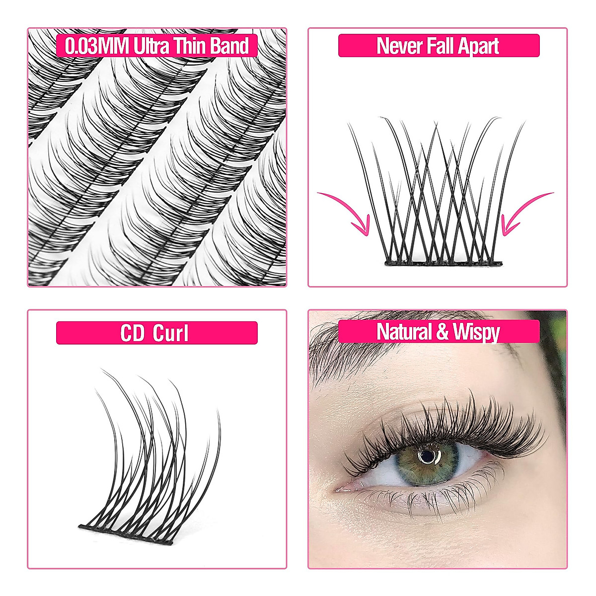 Natural Cluster Lashes Wispy CC Curl 9-11MM Mixed Lengths Eyelash Extension Individual 96 Pcs DIY Lash Extension at Home