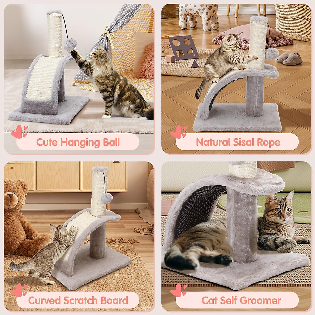 Nobleza Cat Scratching Post for Indoor Cats, Durable Natural Sisal Rope Cat Scratch Post with Cat Self Groomer, Sturdy Cat Scratcher Post for Kittens Small Cats with Funny Hanging Ball, Light Grey