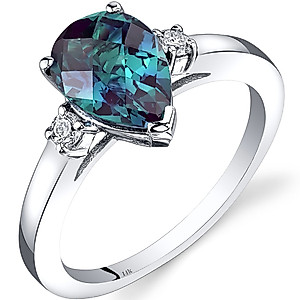 PEORA Created Alexandrite and Genuine Diamond Ring for Women 14K White Gold, Color-Changing Teardrop Solitaire, 2.25 Carats Pear Shape 10x7mm, Size 7