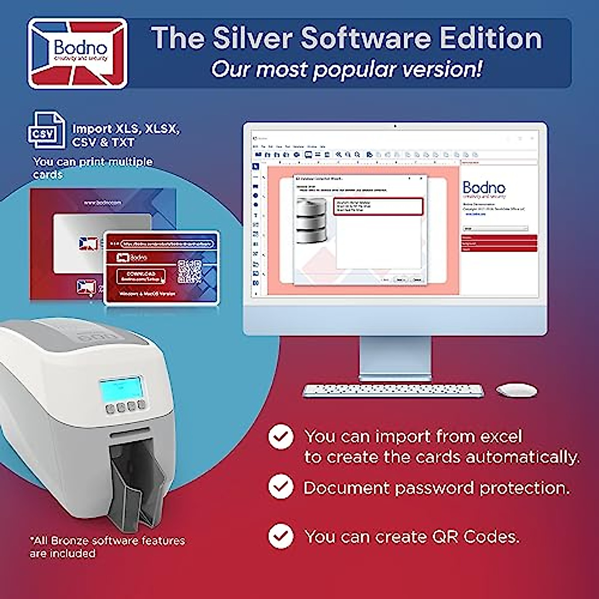 Bodno Magicard 600 Single Sided ID Card Printer & Complete Supplies Package ID Software - Silver Edition