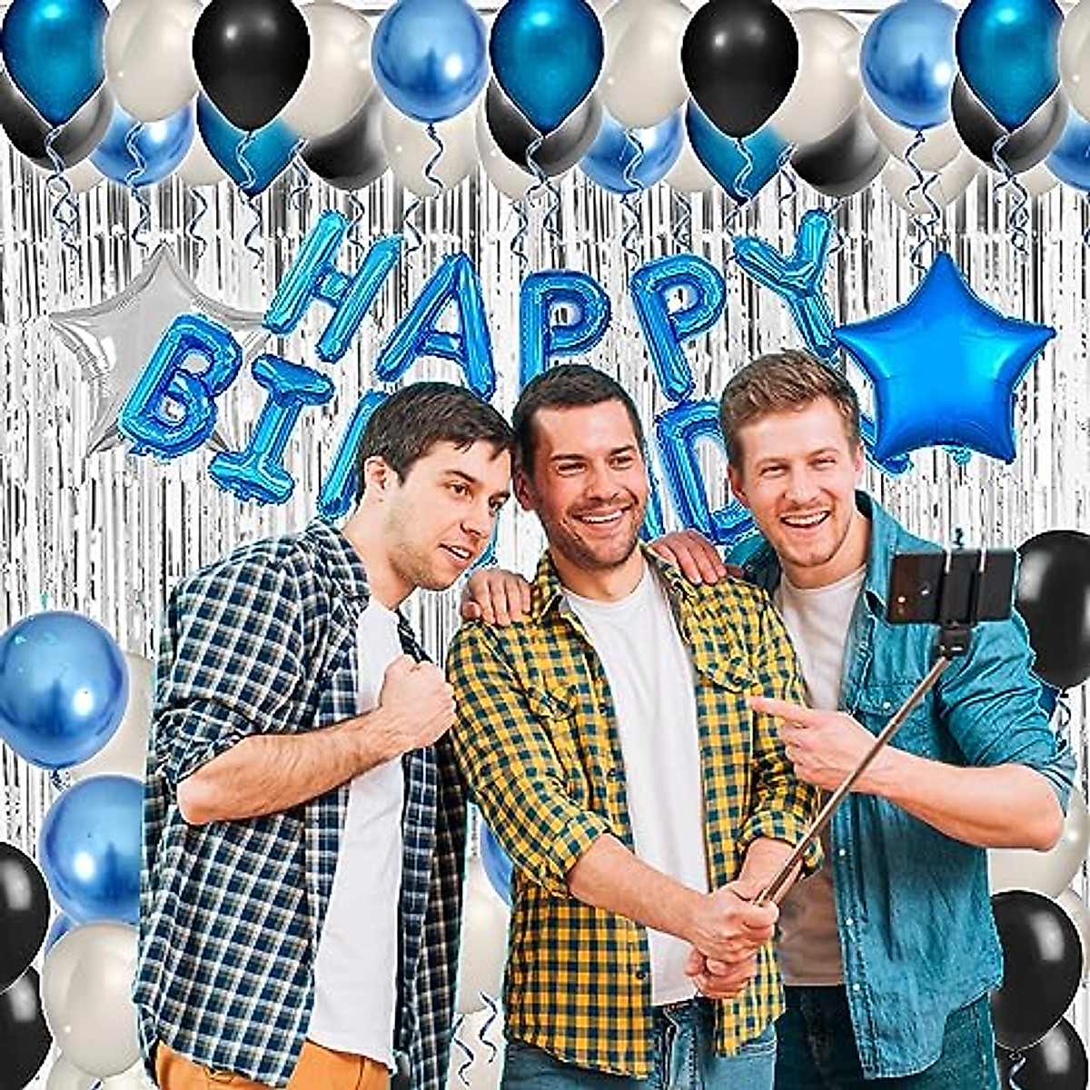 Blue Black Birthday Party Decorations Kit for Men 64 Pieces, Happy Birthday Banner, Fringe Curtains, Foil Balloons for 13th 16th 20th 21st 30th 35th 50th 60th Girls Men Party Supplies