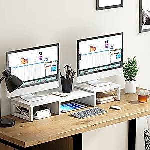 Giikin Dual Monitor Stand Riser - Office Desktop Organizer, Angle & Length Adjustable, 3 Shelf, Multifunctional Stand for Computer, Laptop, PC, TV (White)