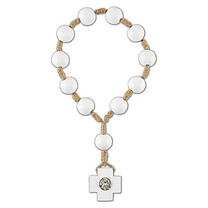 Guardian Angel Door Knob Rosary with Large White Beading, Religious Keepsake Prayer Beads, 12.5 inches